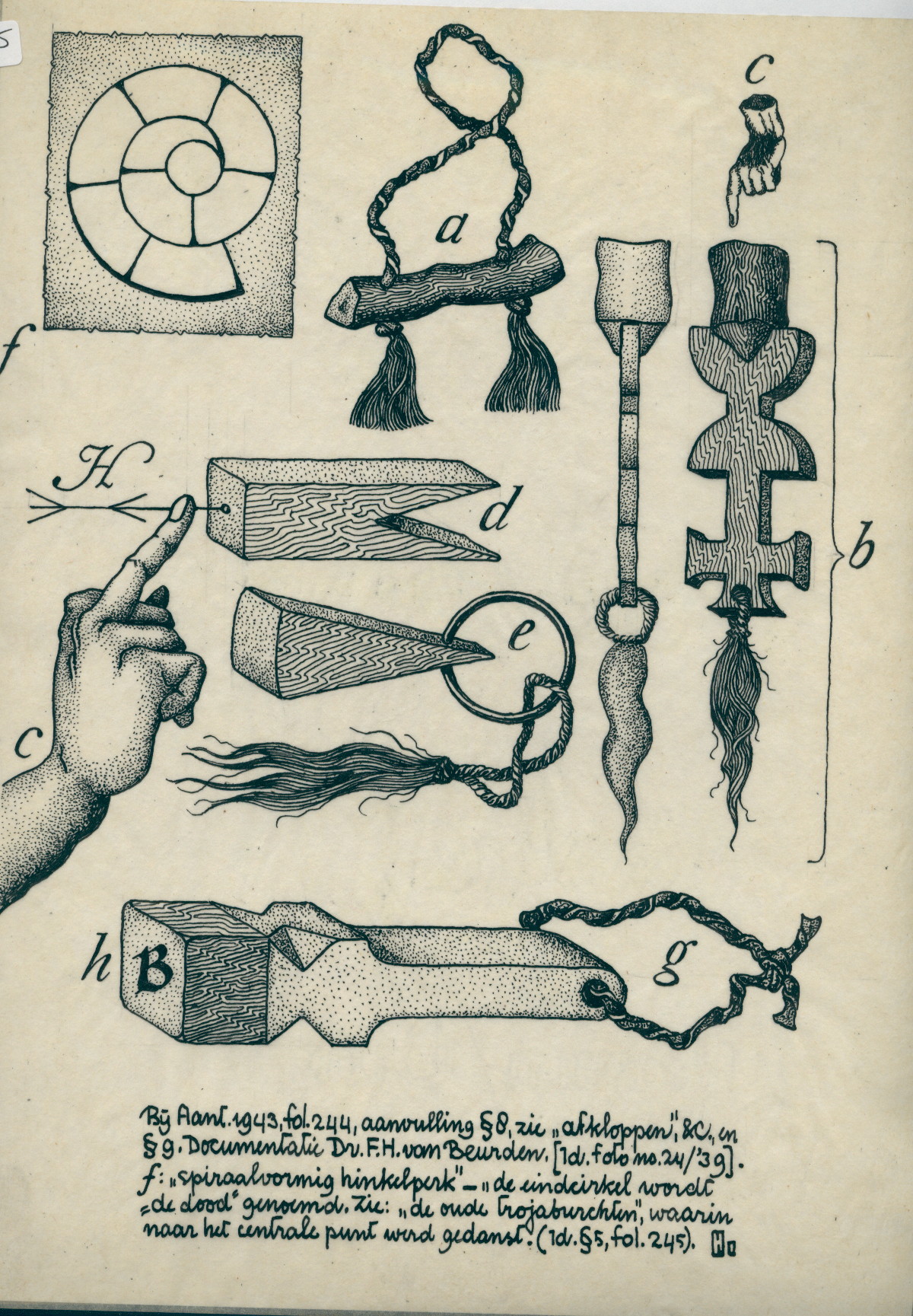 R/2/345 - drawing of tools, objects, amulets, a hand; and notes ...