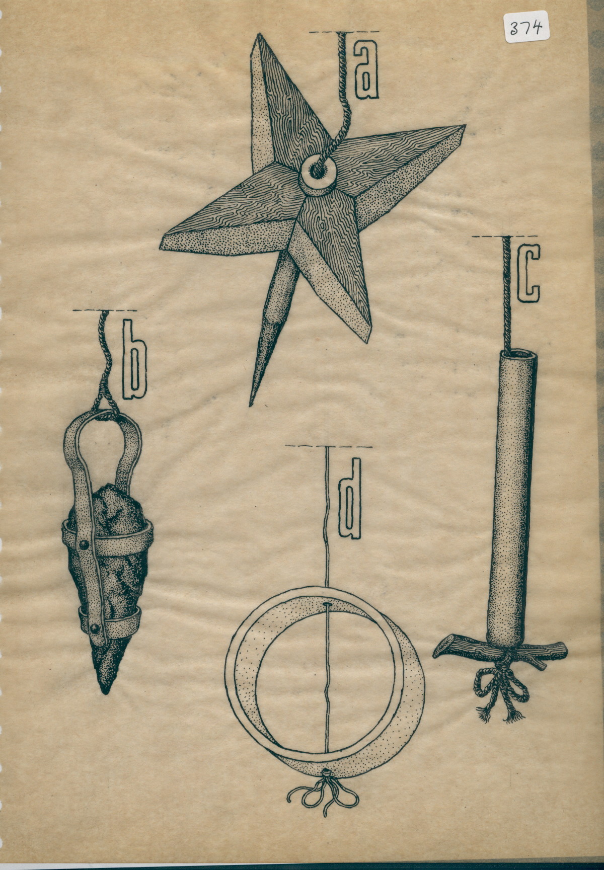R/2/374 - drawing of four hanging tools - Museum of Witchcraft and Magic