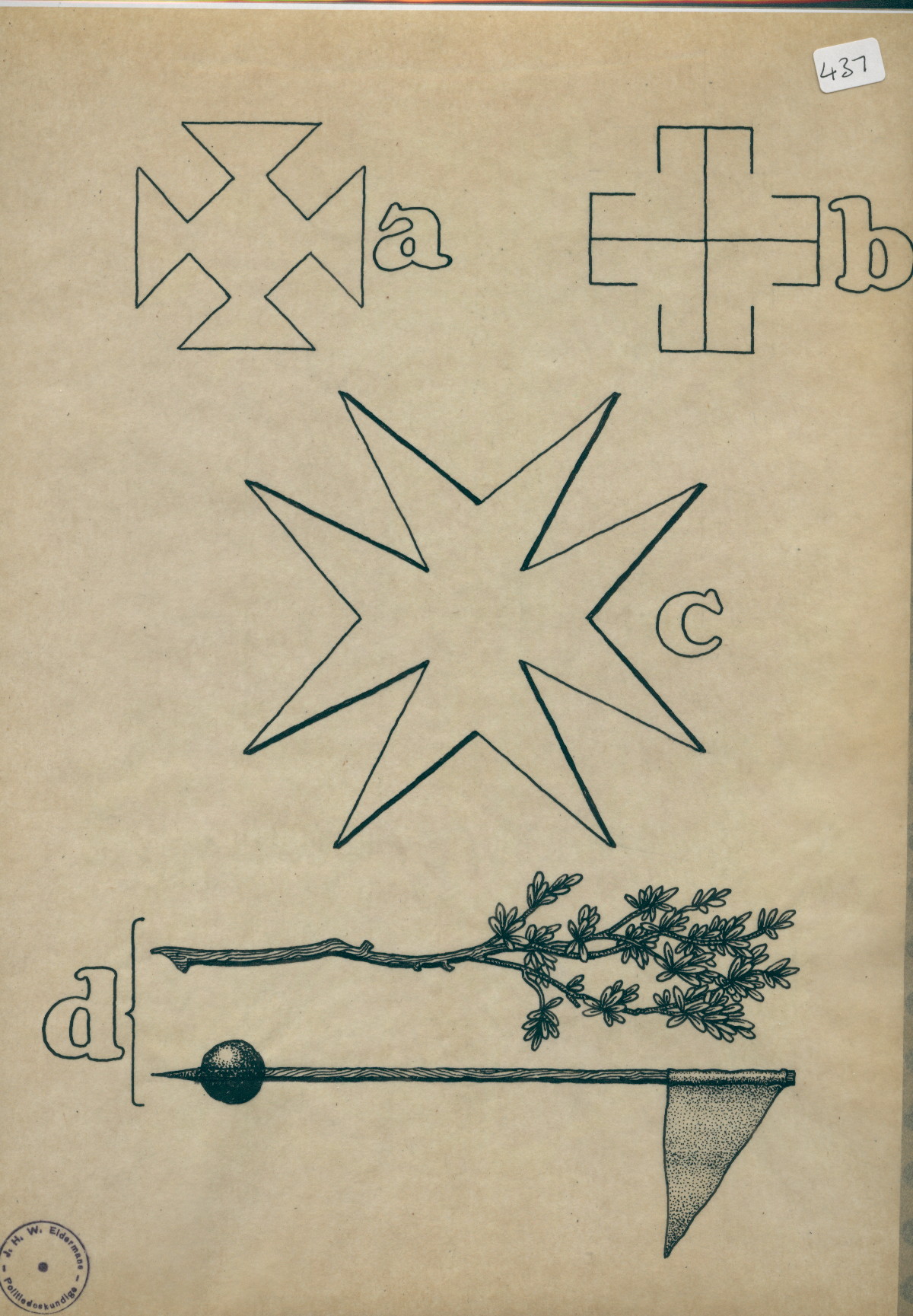 R/3/437 - Drawing of three Maltese cross-shapes, a flag and a branch ...
