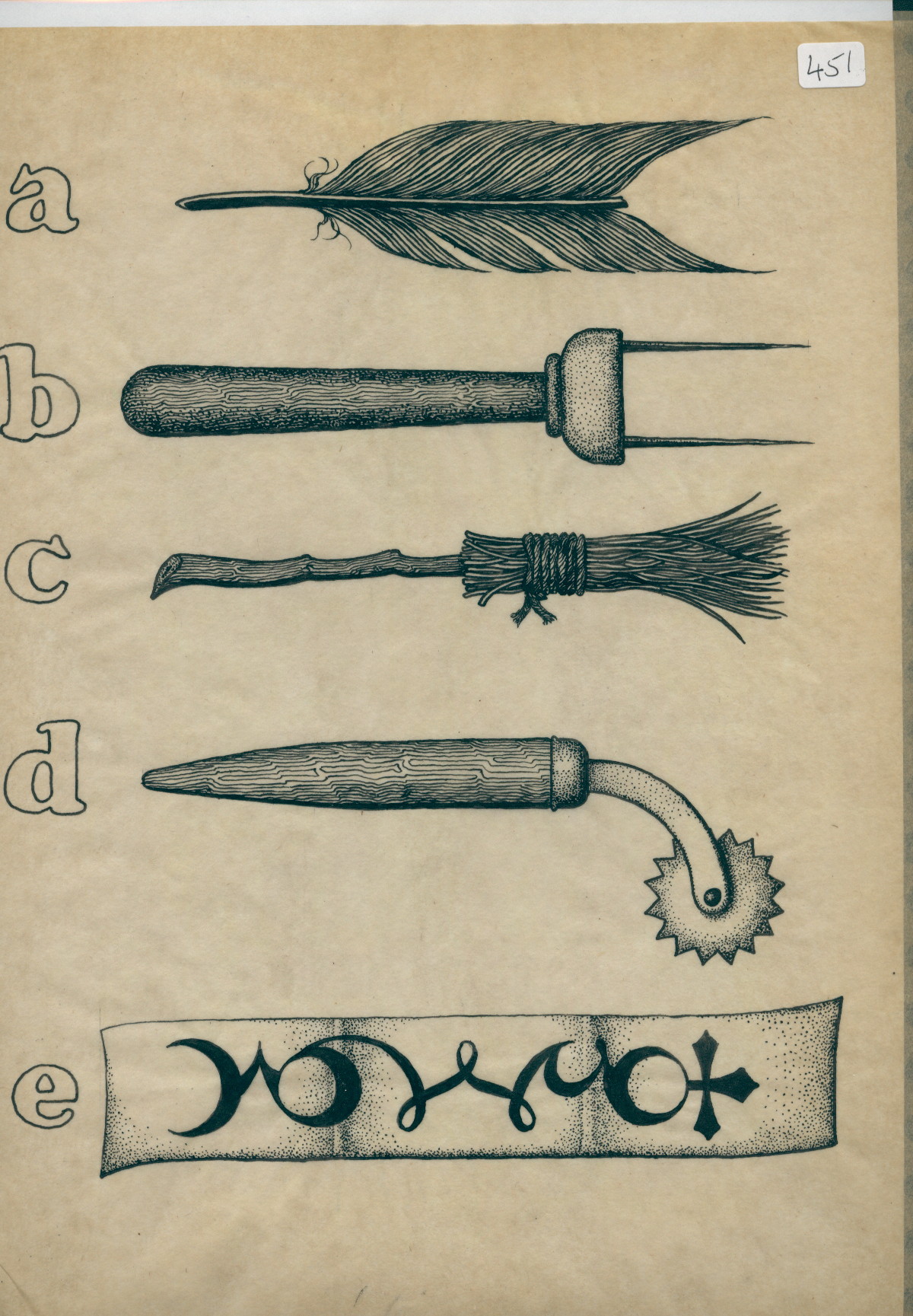 R/3/451 - Drawing of four tools, amongst which a feather and broomstick ...