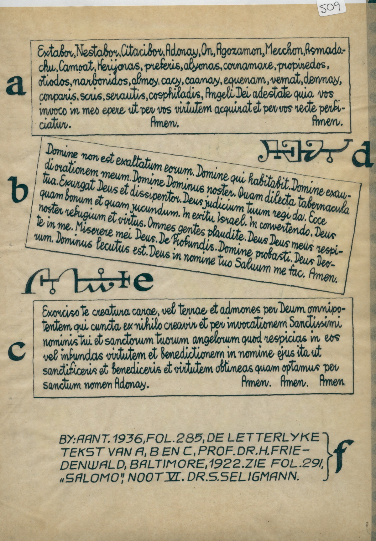 R/3/509 - Drawing of three latin incantations, sigils; and notes ...