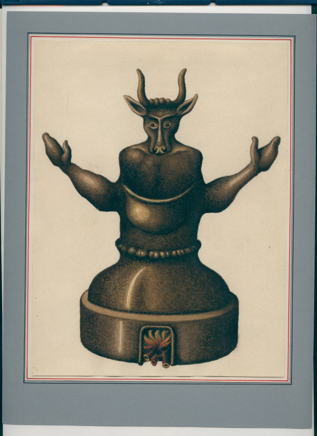 R/4/651 - painting of a cow/goat-statue without legs and a fire ...