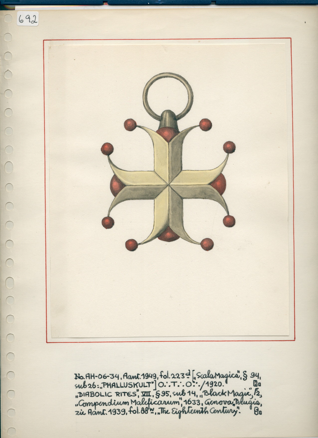 R/5/692 - print of a cross-amulet with little red balls at the corners ...